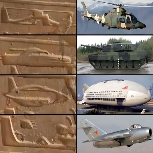 Hieroglyphs similar to helicopter, tank and airplane models from the ...